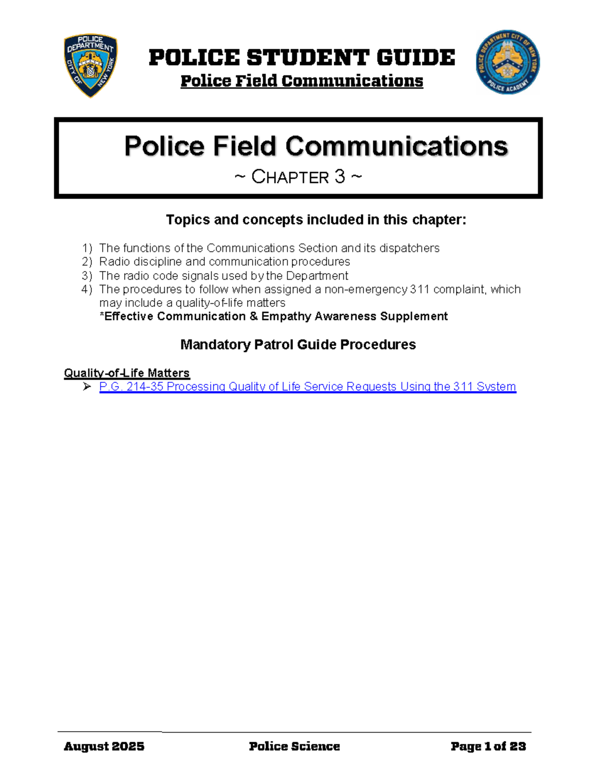 NYPD CHAPTER 3: Police Field Communication Procedures and Guidelines ...