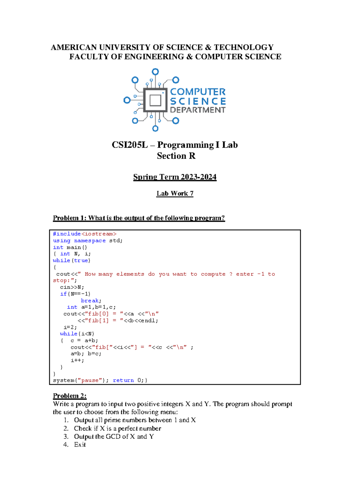 CSI205L Lab 7 - Fibonacci & Prime Numbers Programming Tasks - Studocu