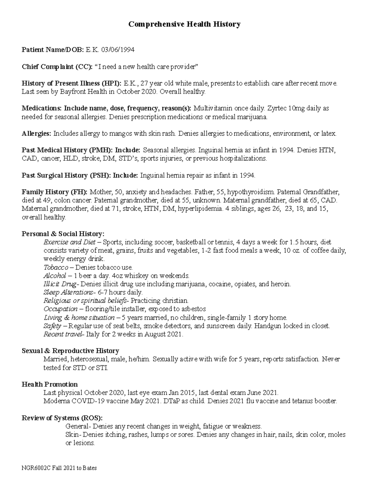 Comprehensive Health History Fall 2021 - Comprehensive Health History ...