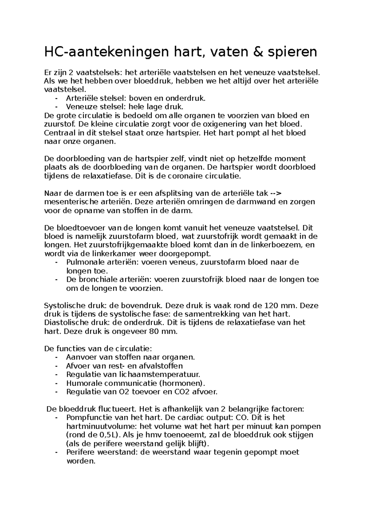 Aantekeningen HC: Hart, Vaten en Spieren - Anatomie en Functies ...