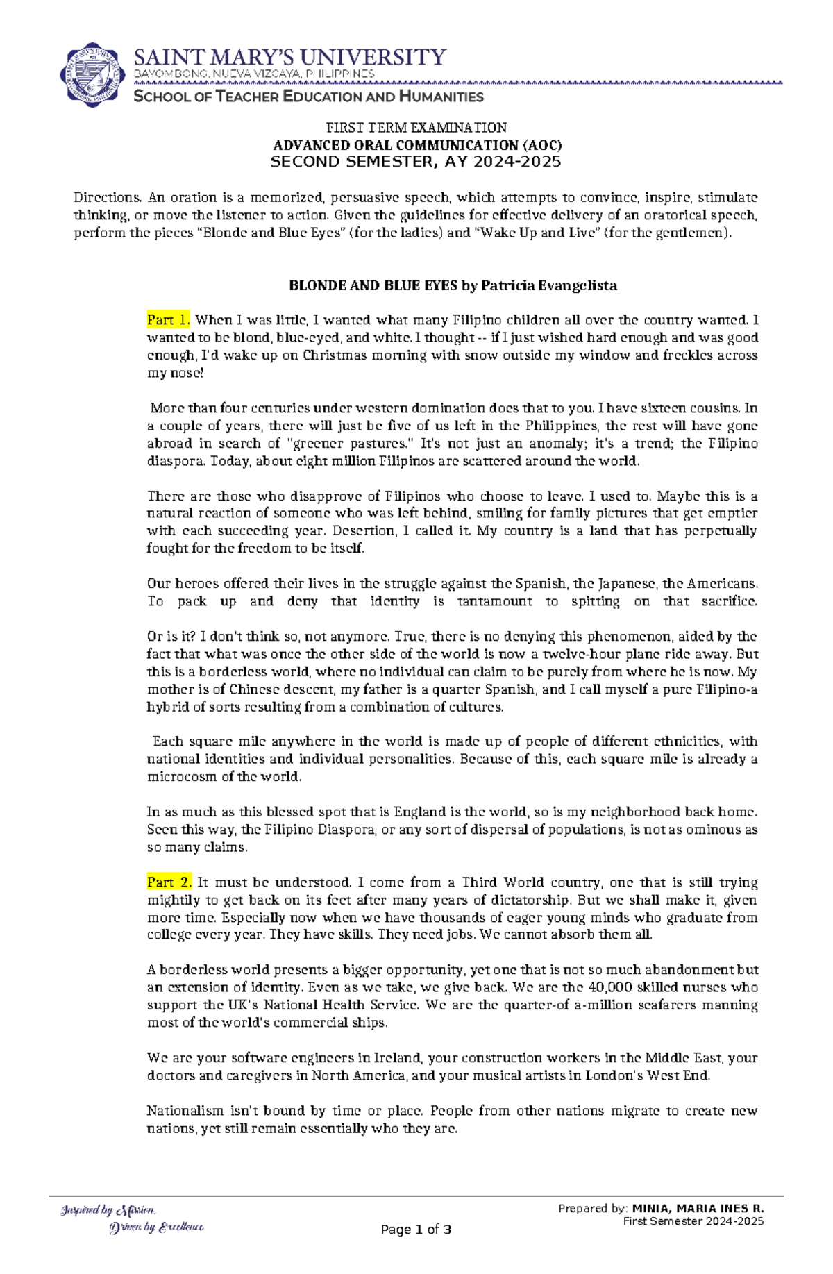 PSEP-1T - AOC - Page 1 of 3 Prepared by: MINIA, MARIA INES R. First ...