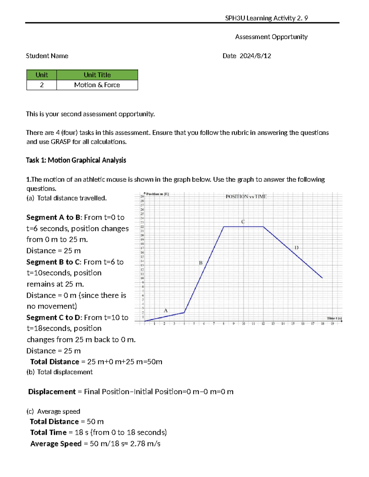 Unit 2 Test - Motion & Force (SPH3U) - Answers & Solutions - Studocu