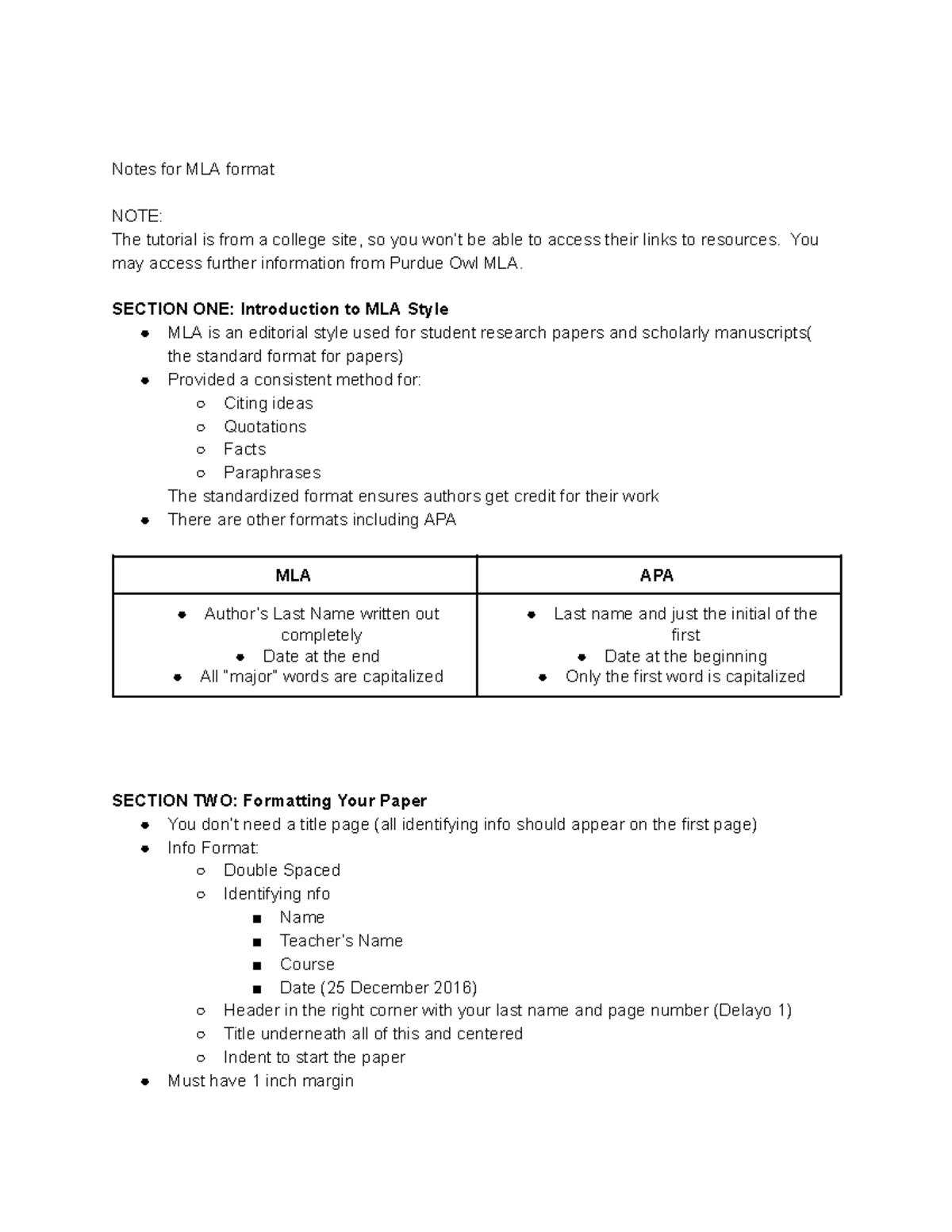 MLA Notes - Notes for MLA format NOTE: The tutorial is from a college ...