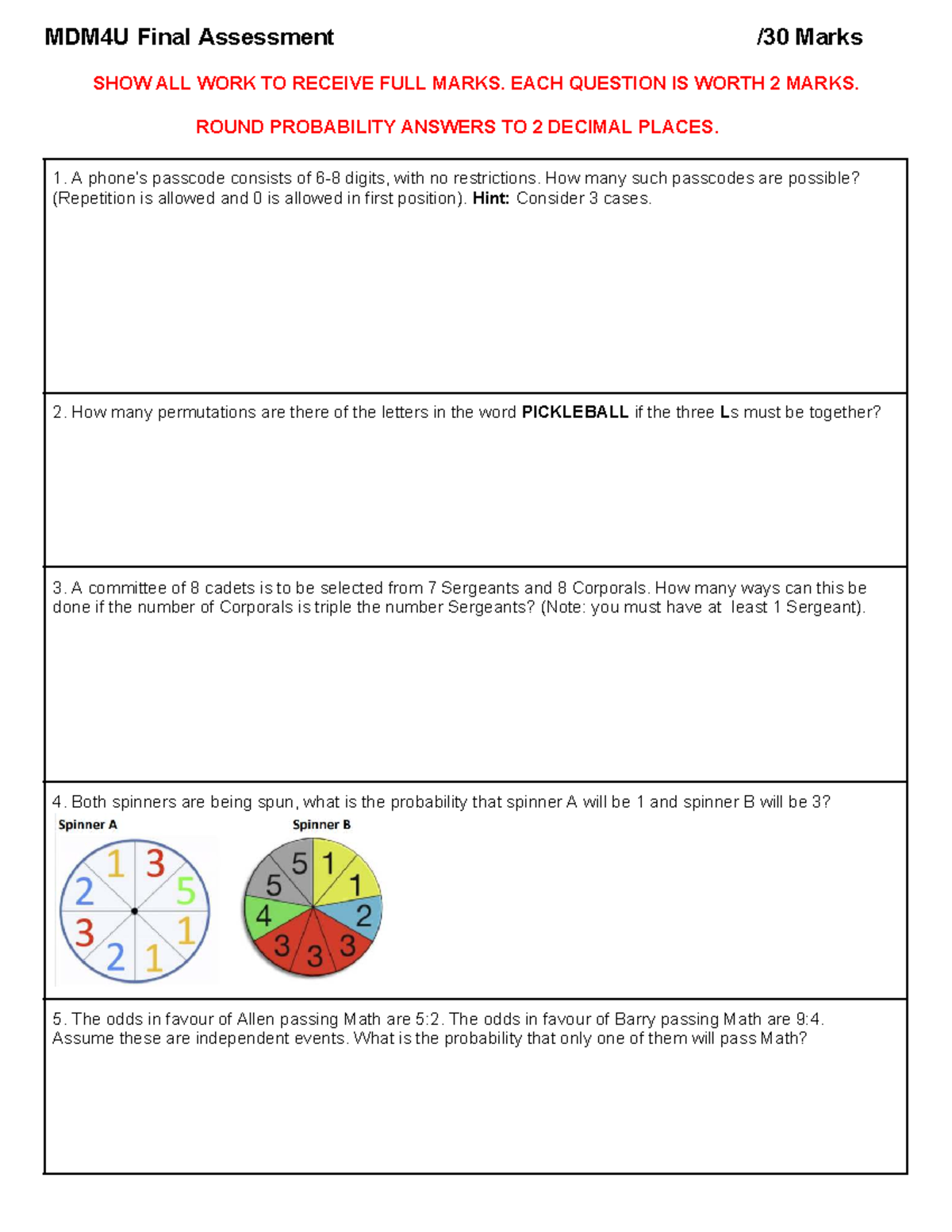 MDM4U Final Assessment Problem Set & Formula Sheet S1 2024-25 - Studocu