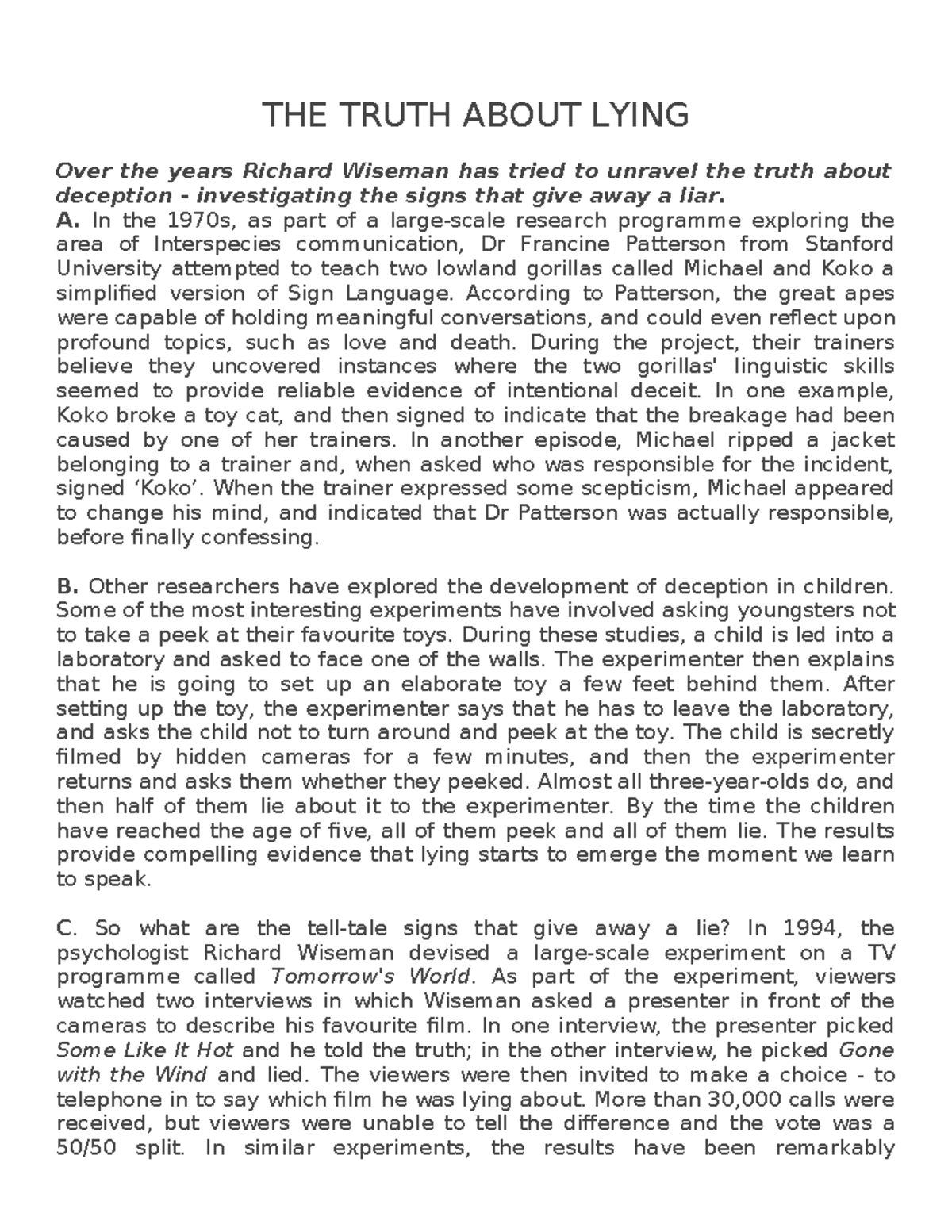 The Truth About Lying: Insights from Richard Wiseman's Research - Studocu