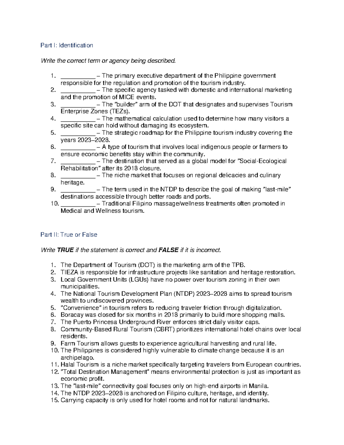 Philippine Tourism Quiz 2: Identification & True/False Questions - Studocu