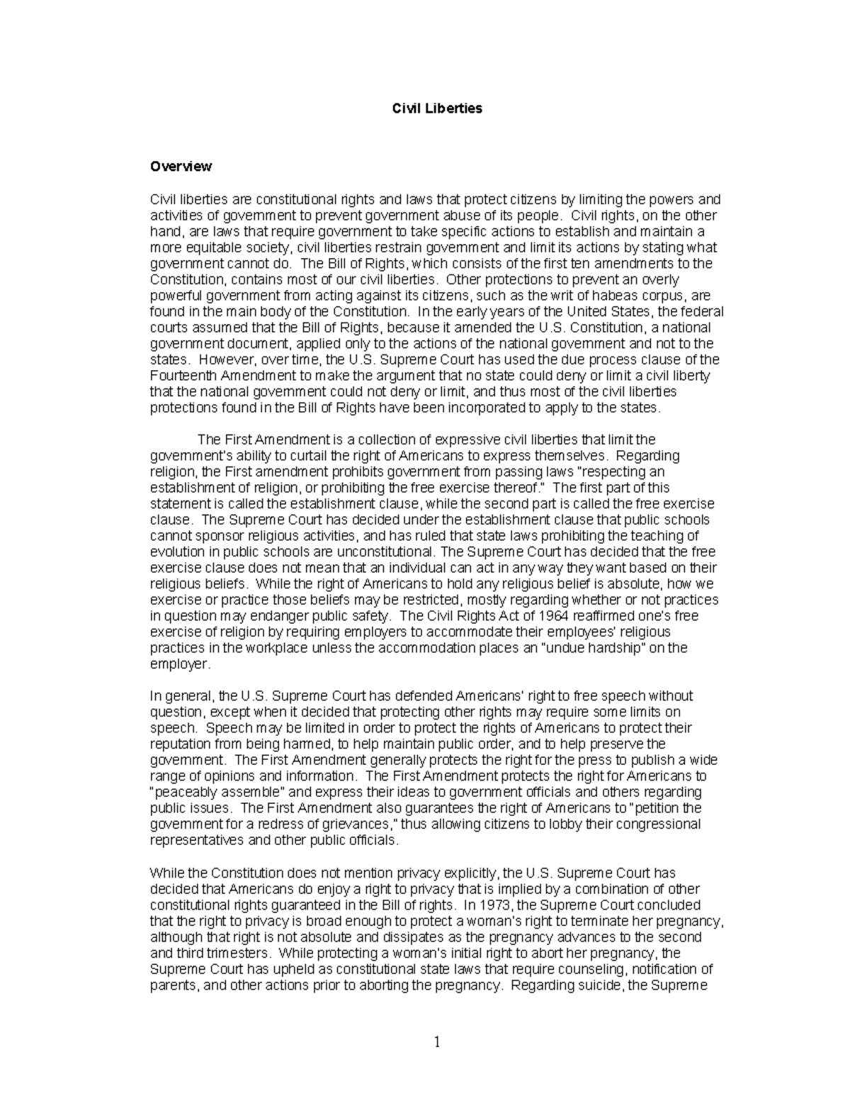 Civil Liberties Lecture Notes - Key Constitutional Rights and ...