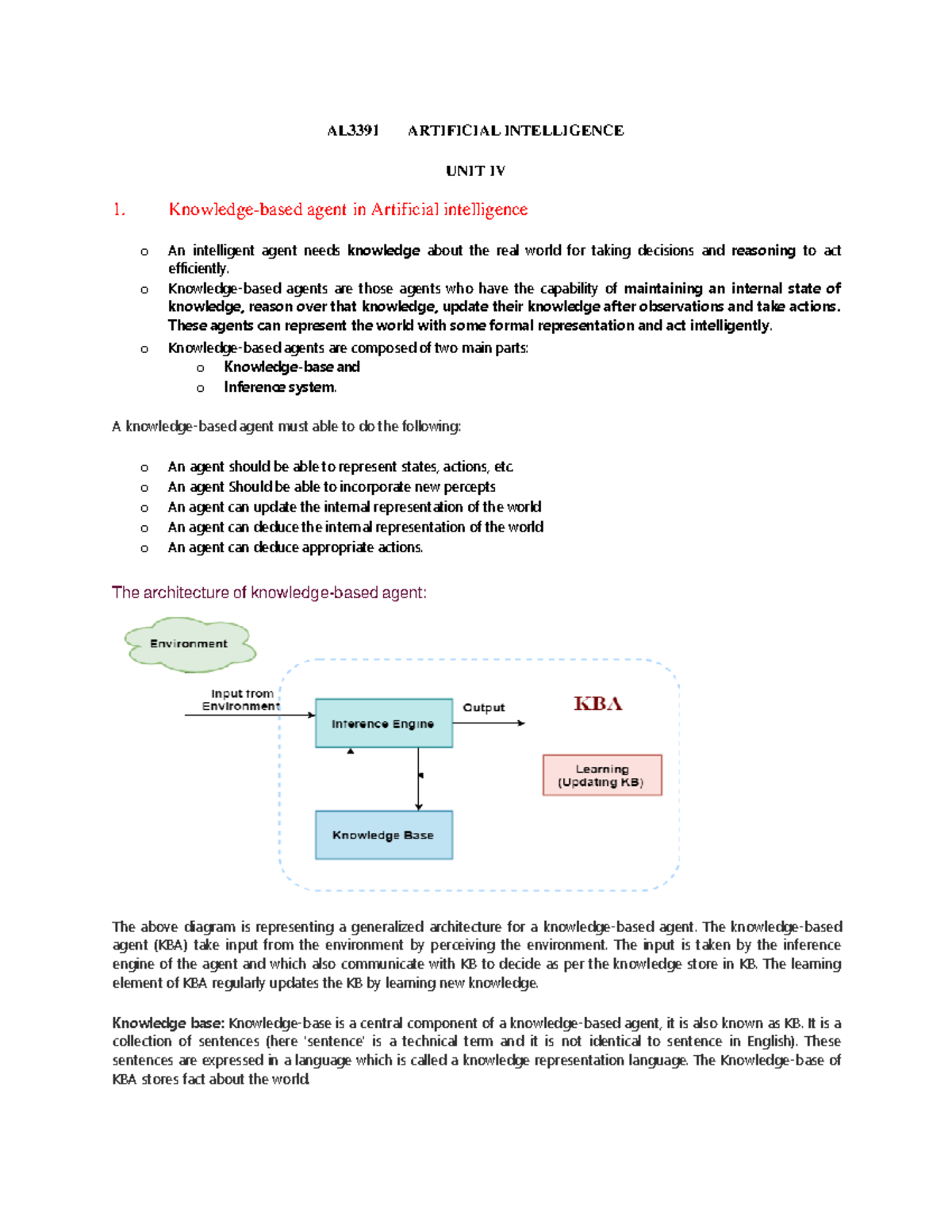 AL3391 ARTIFICIAL INTELLIGENCE UNIT IV: Intelligent Agents and Logic - Studocu