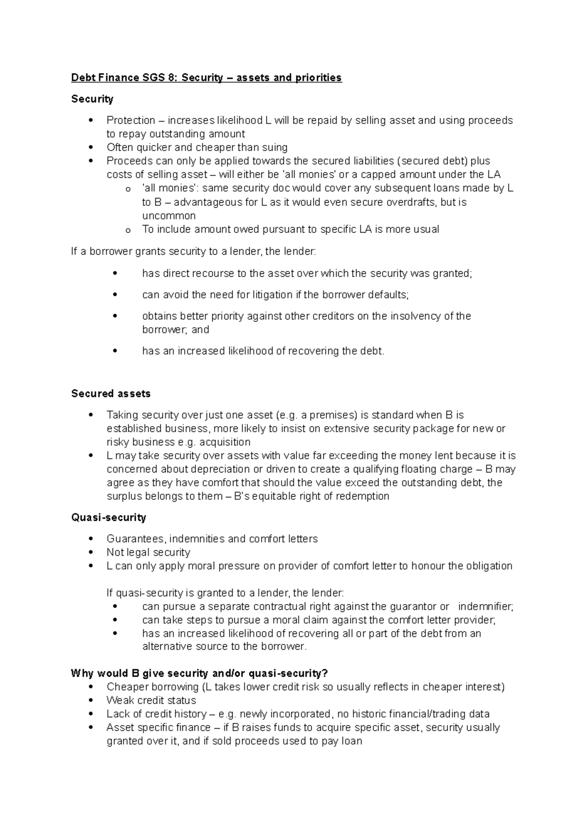 Debt Finance SGS 8 notes - Debt Finance SGS 8: Security – assets and ...