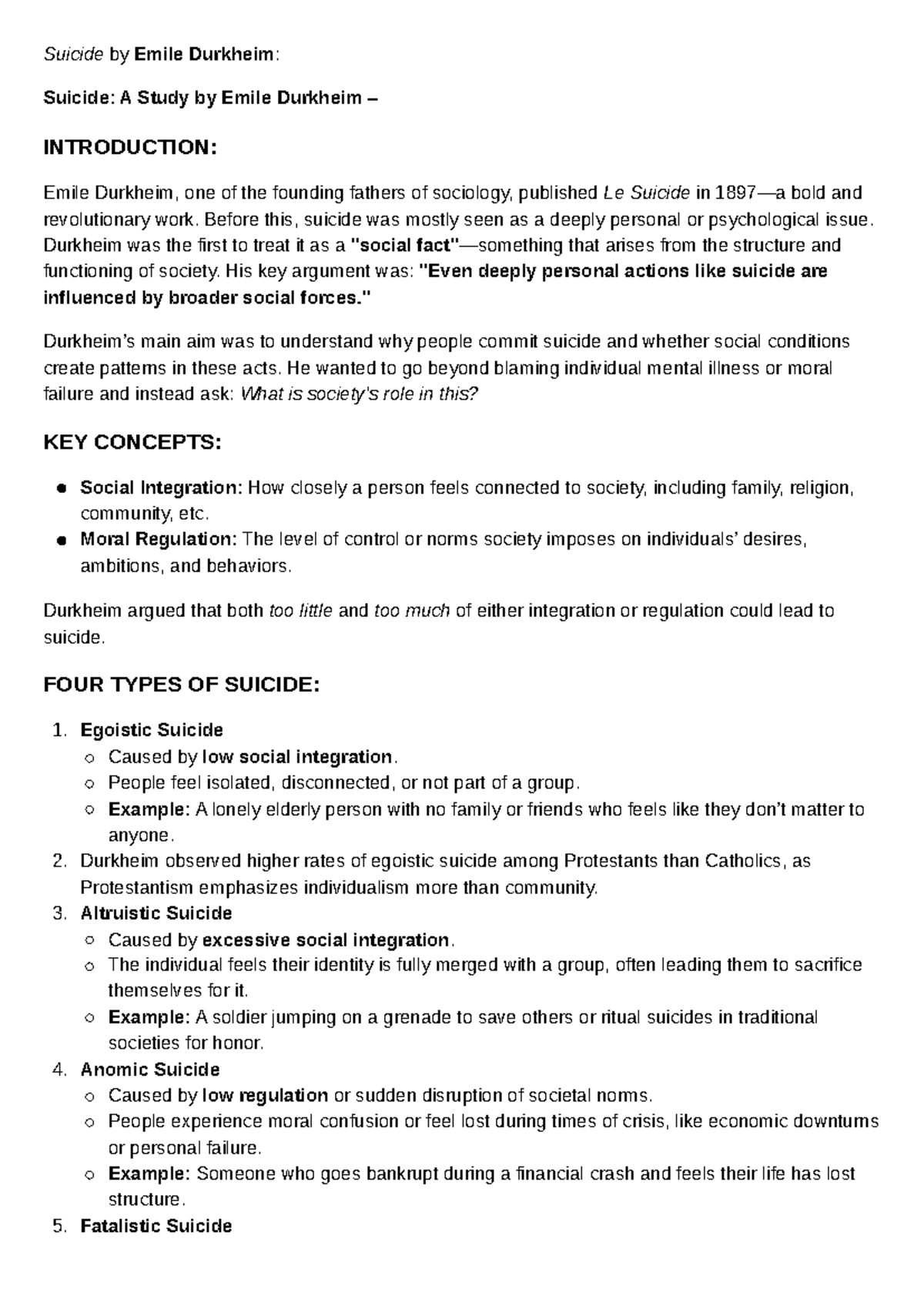 Suicide: A Study of Emile Durkheim's Key Concepts and Types - Studocu