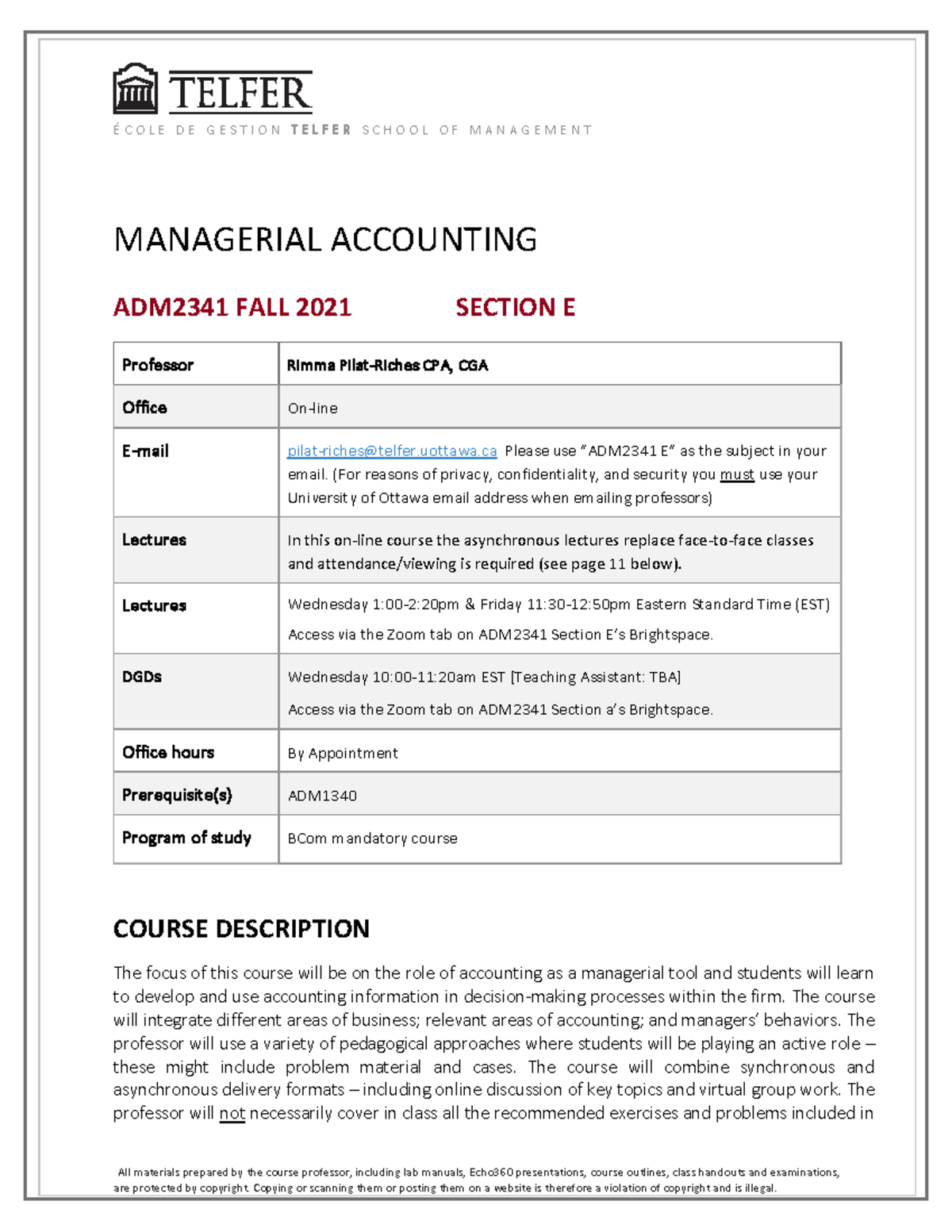 ADM 2341 Managerial Accounting Syllabus Fall 2021 - É C O L E D E G E S ...