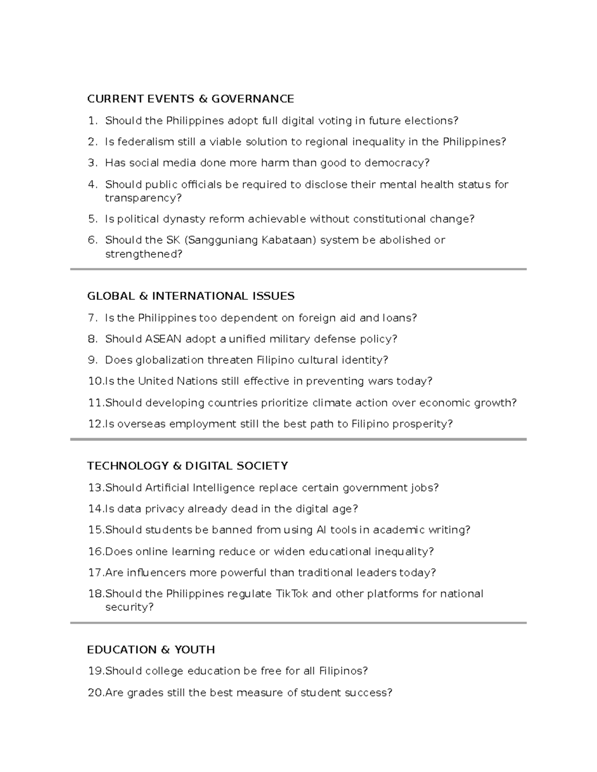 EXTEM 1: Speech Contest Topics on Governance & Global Issues - Studocu