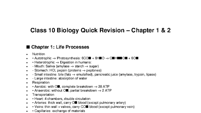 Class 10 Biology Quick Revision: Life Processes & Control - Studocu