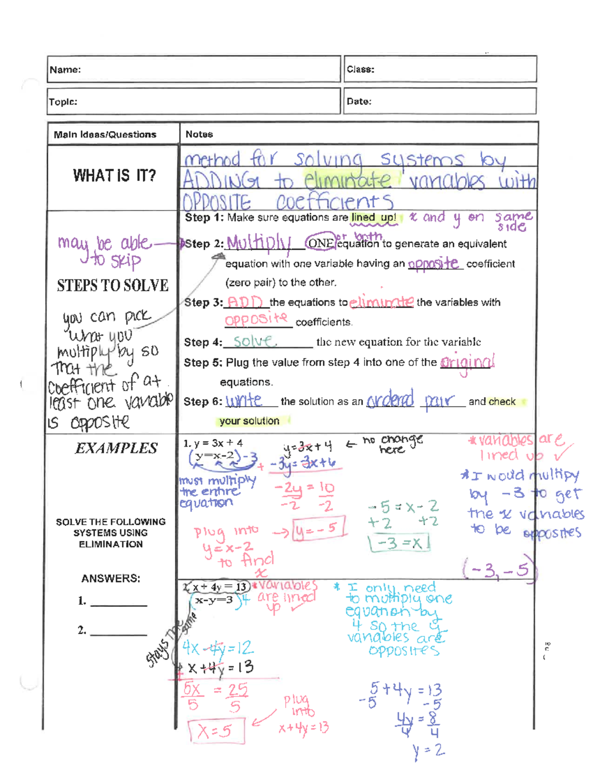 Elimination Notes - Solving systems of equations - Name: Class: Topic ...