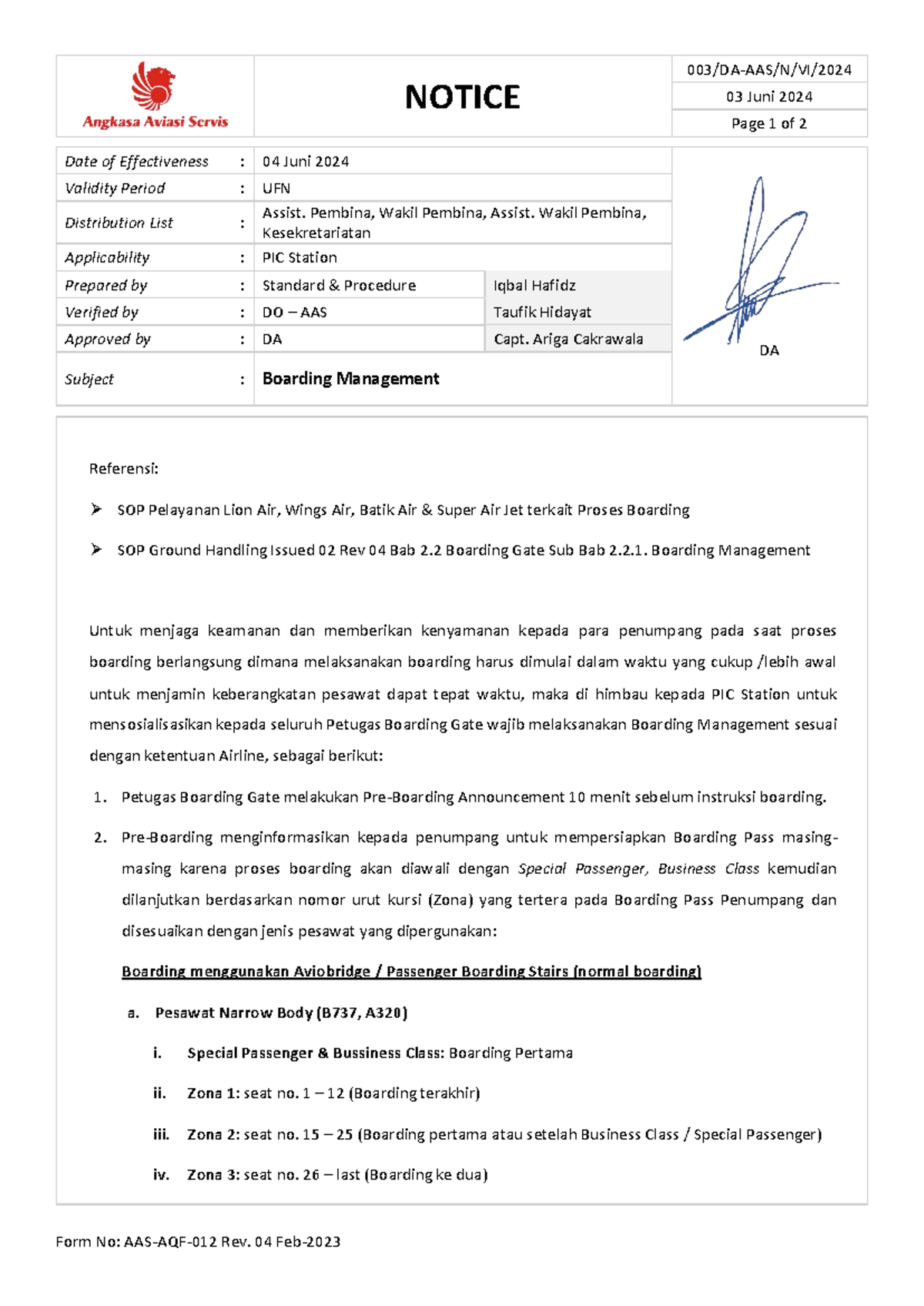 003 DA AAS N VI 2024 Boarding Management Notice and Procedures - Studocu