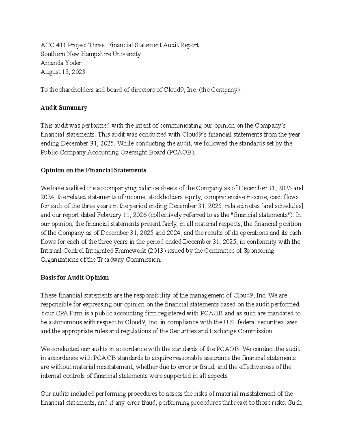 ACC 411 Final Audit Report: Cloud9, Inc. Financial Statements Review ...