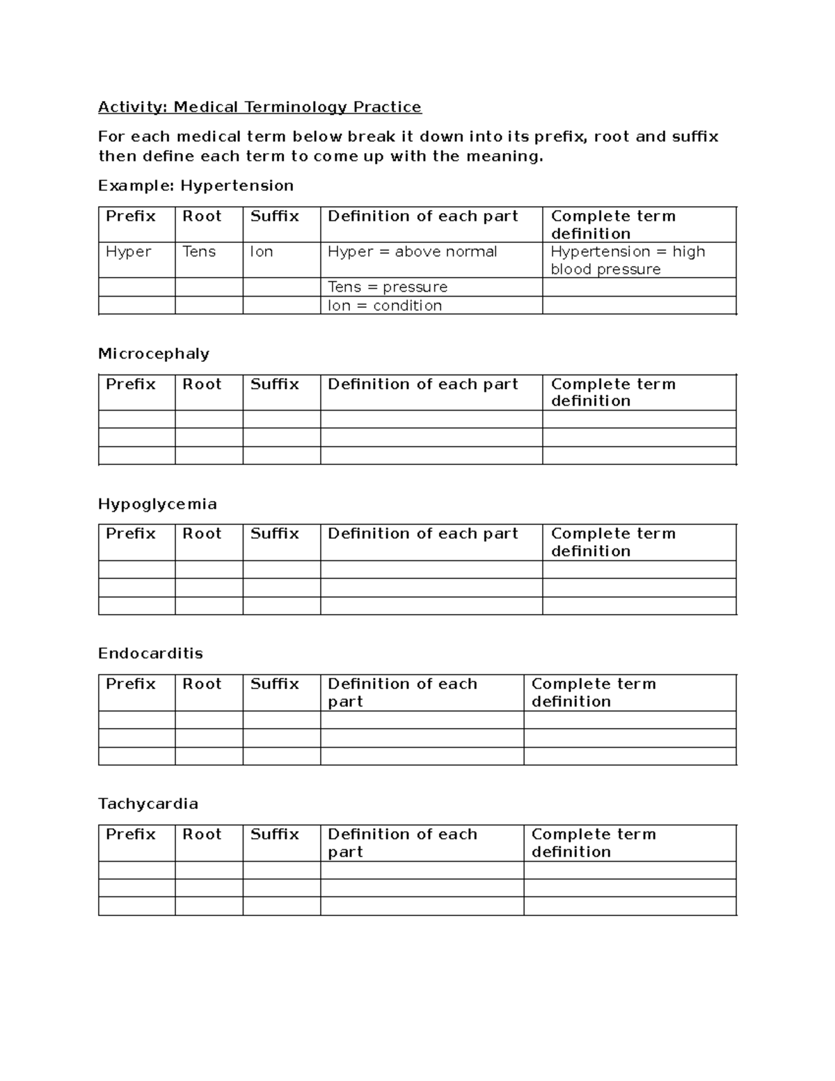 Medical Terminology Activity: Prefixes, Roots, and Suffixes Analysis ...