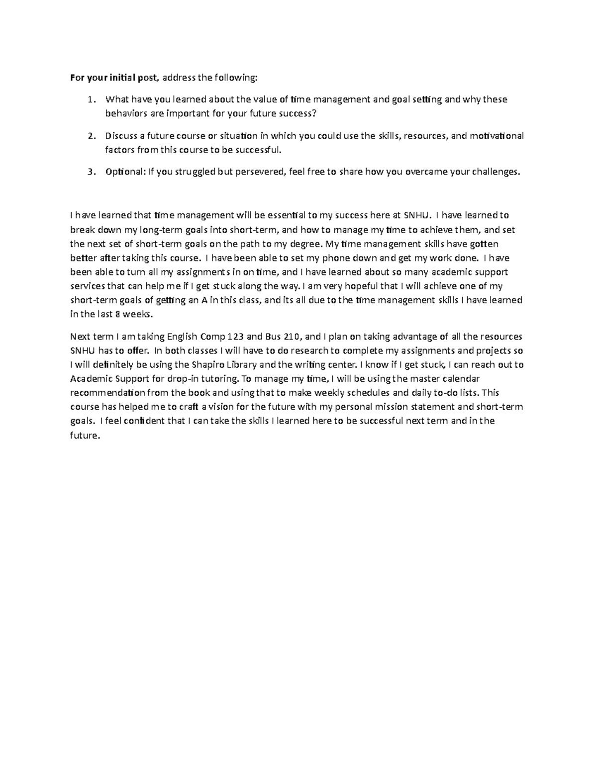 Module 8 Discussion Post: Time Management & Goal Setting Insights - Studocu