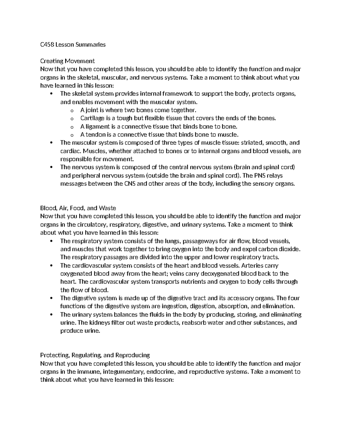 C458 Lesson Summaries: Body Systems and Health Insights - Studocu
