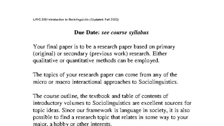 LING 300 Final Research Paper Guidelines (Fall 2023) - Studocu
