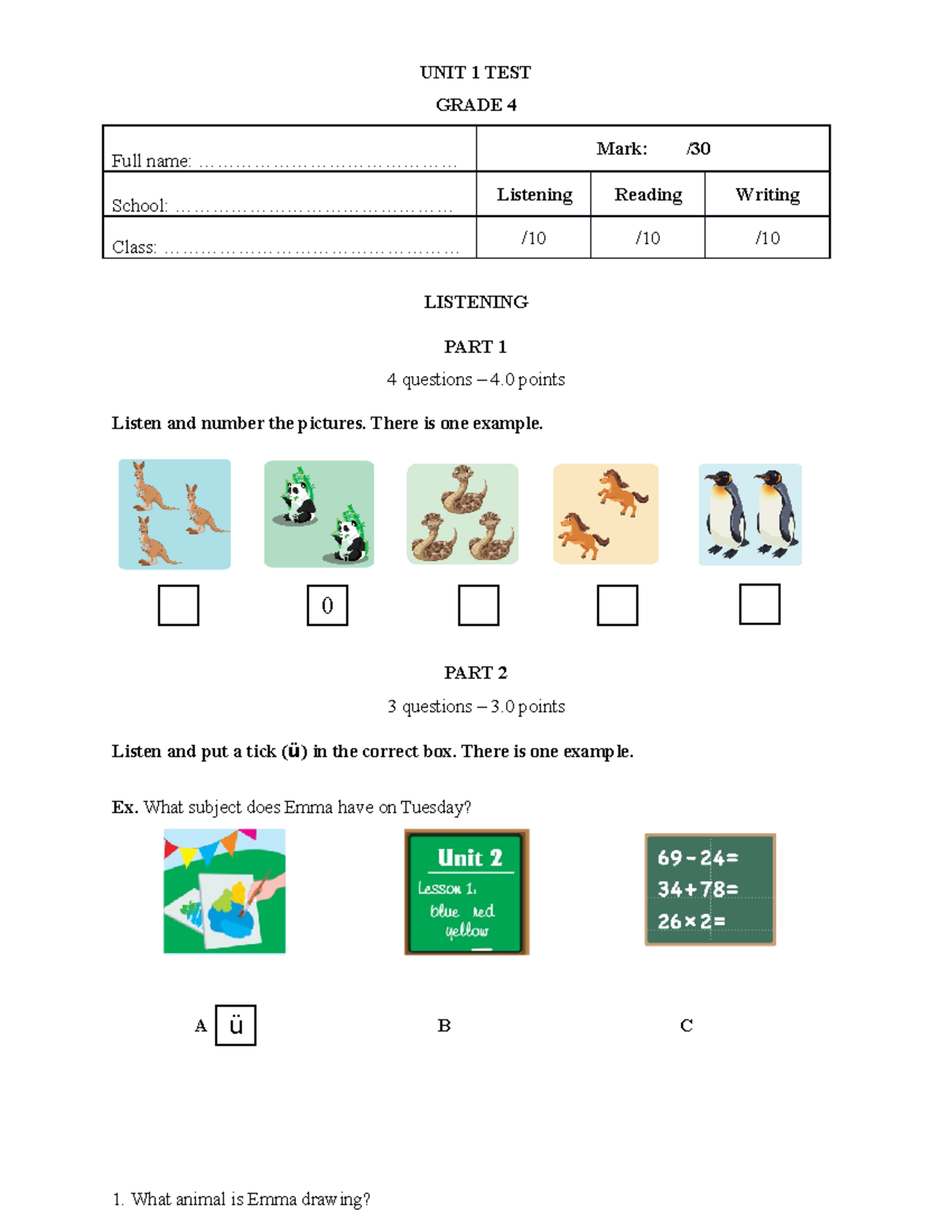 De KT Unit 1 Listening, Reading, and Writing Test - Grade 4 - Studocu