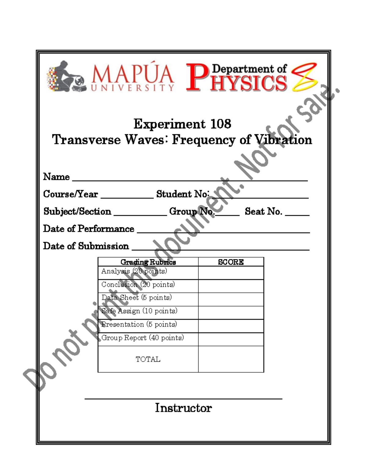 Experiment 108 Transverse Waves Frequency of Vibration - Name - Studocu