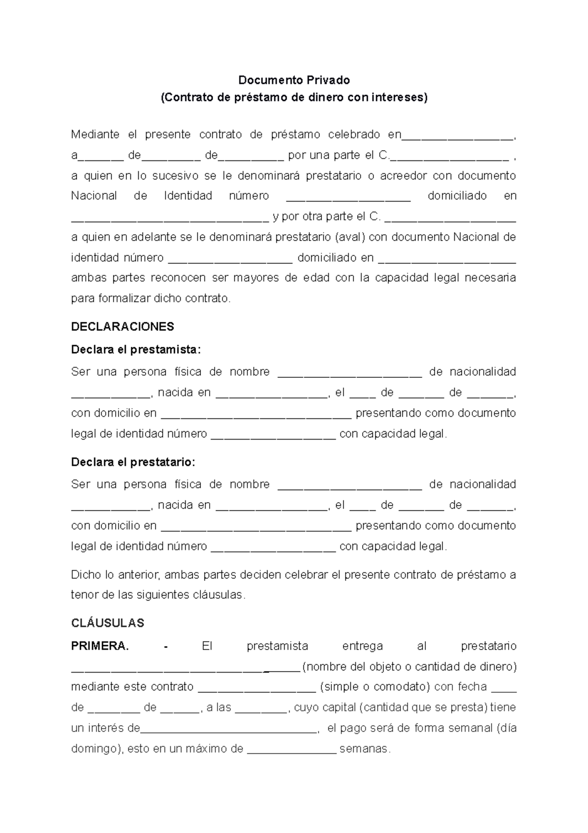 Modelo De Contrato De Préstamo Simple
