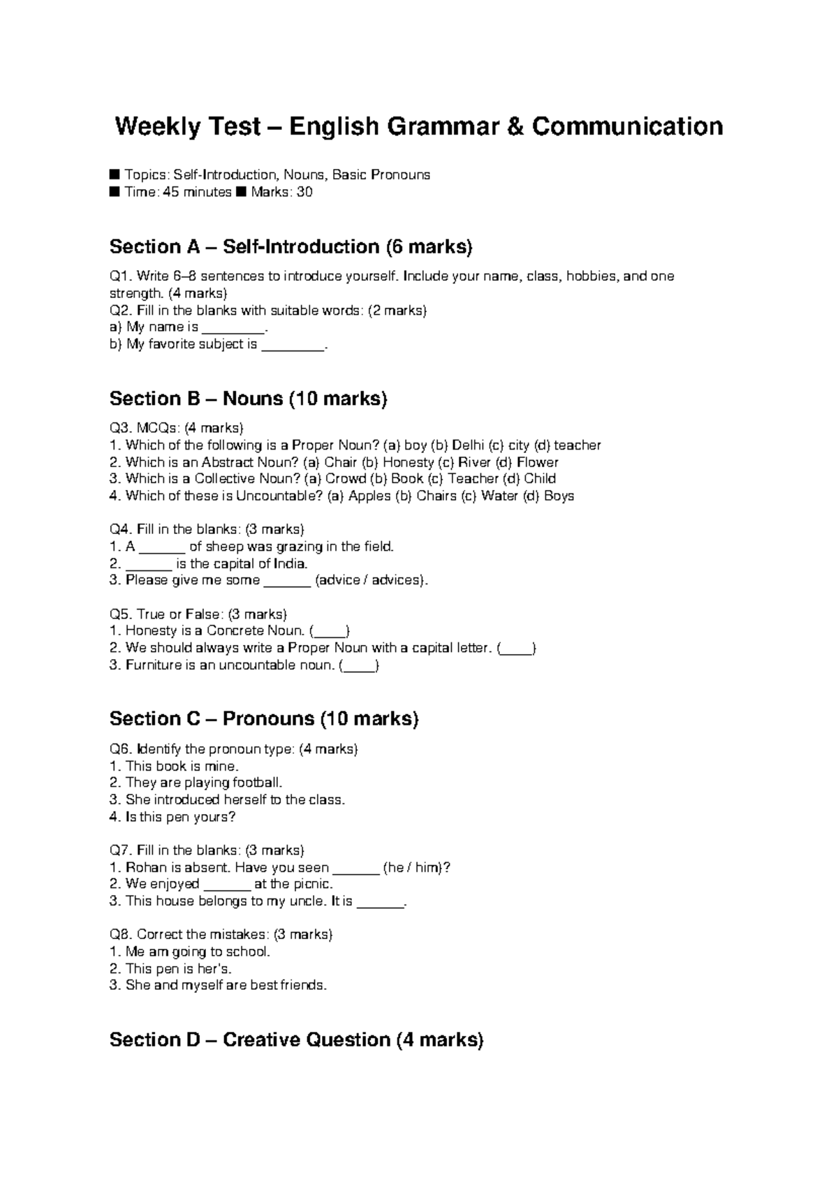 Weekly Test: English Grammar - Nouns & Pronouns (45 min) - Studocu
