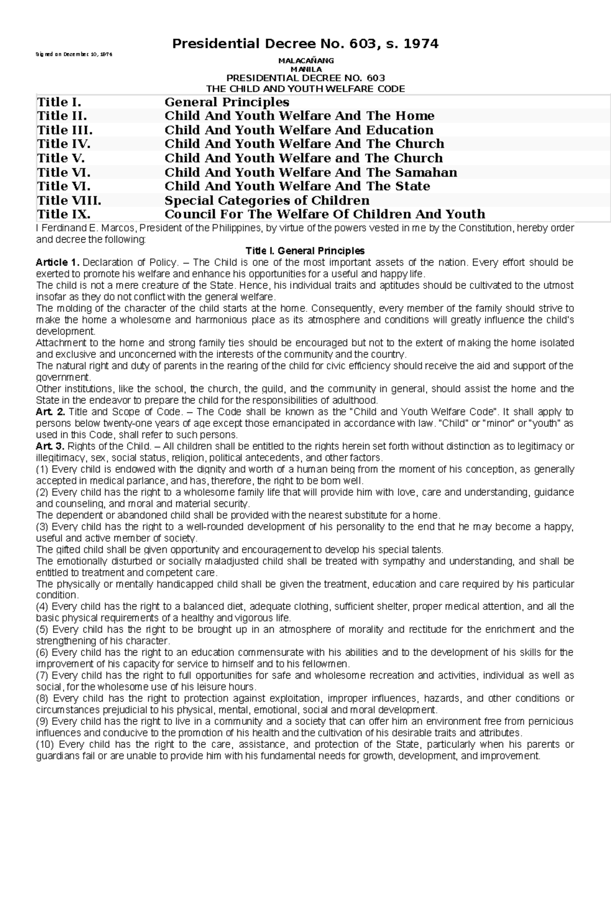 Presidential Decree No. 603: The child and youth welfare code - Studocu