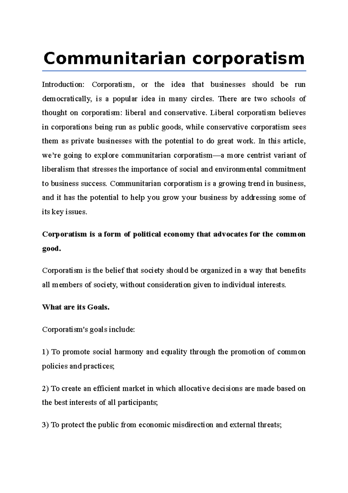 Exploring Communitarian Corporatism: A Path to Business Success - Studocu