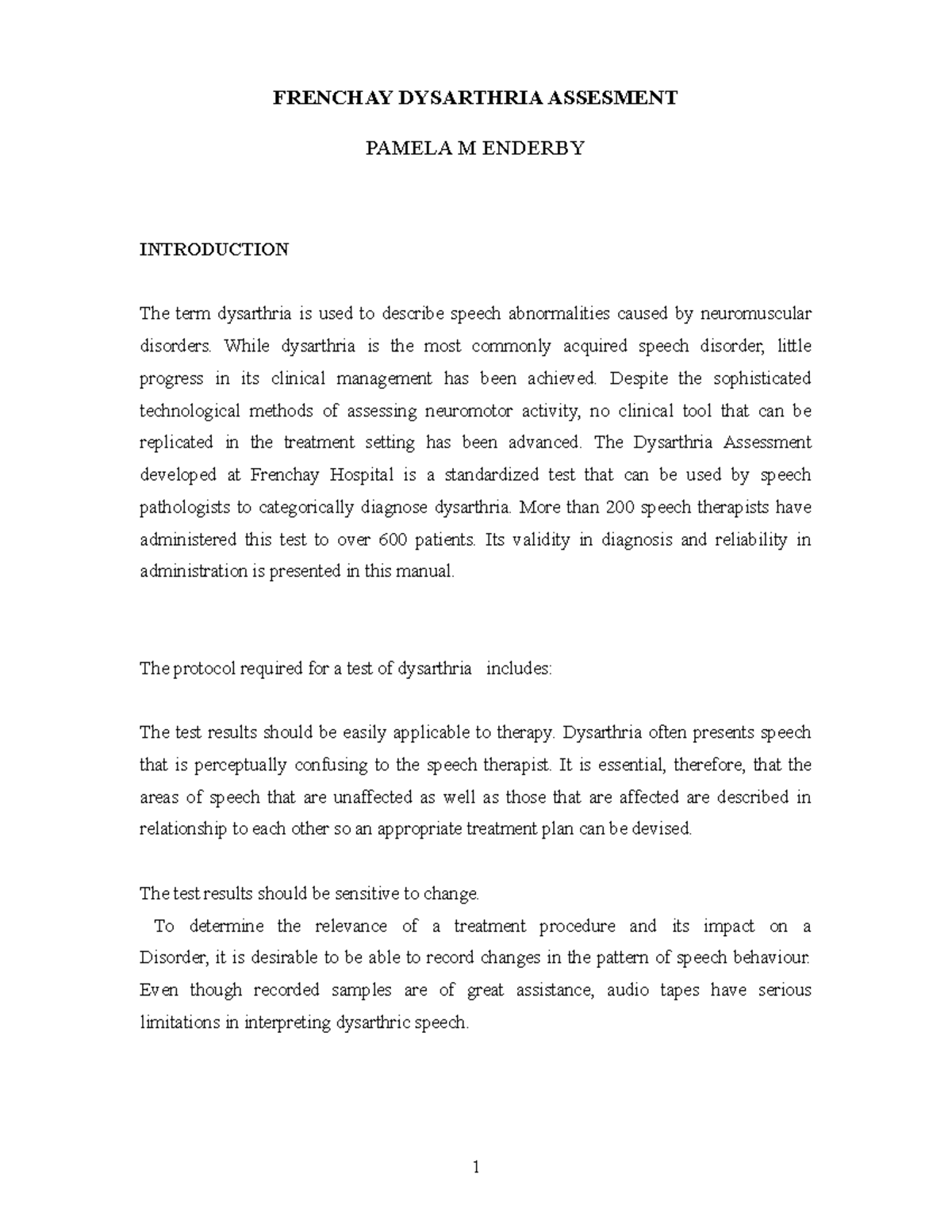 FDA - Frenchay Dysarthria Assessment Important Notes - Studocu
