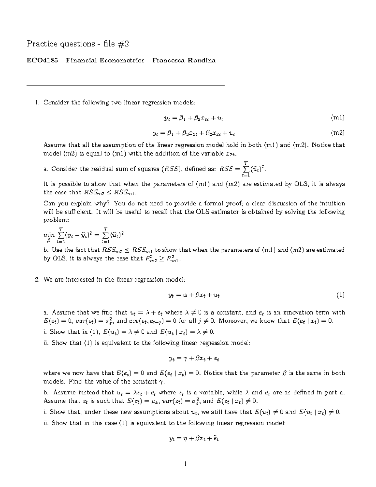 Practice Questions for ECO4185 Financial Econometrics - Studocu