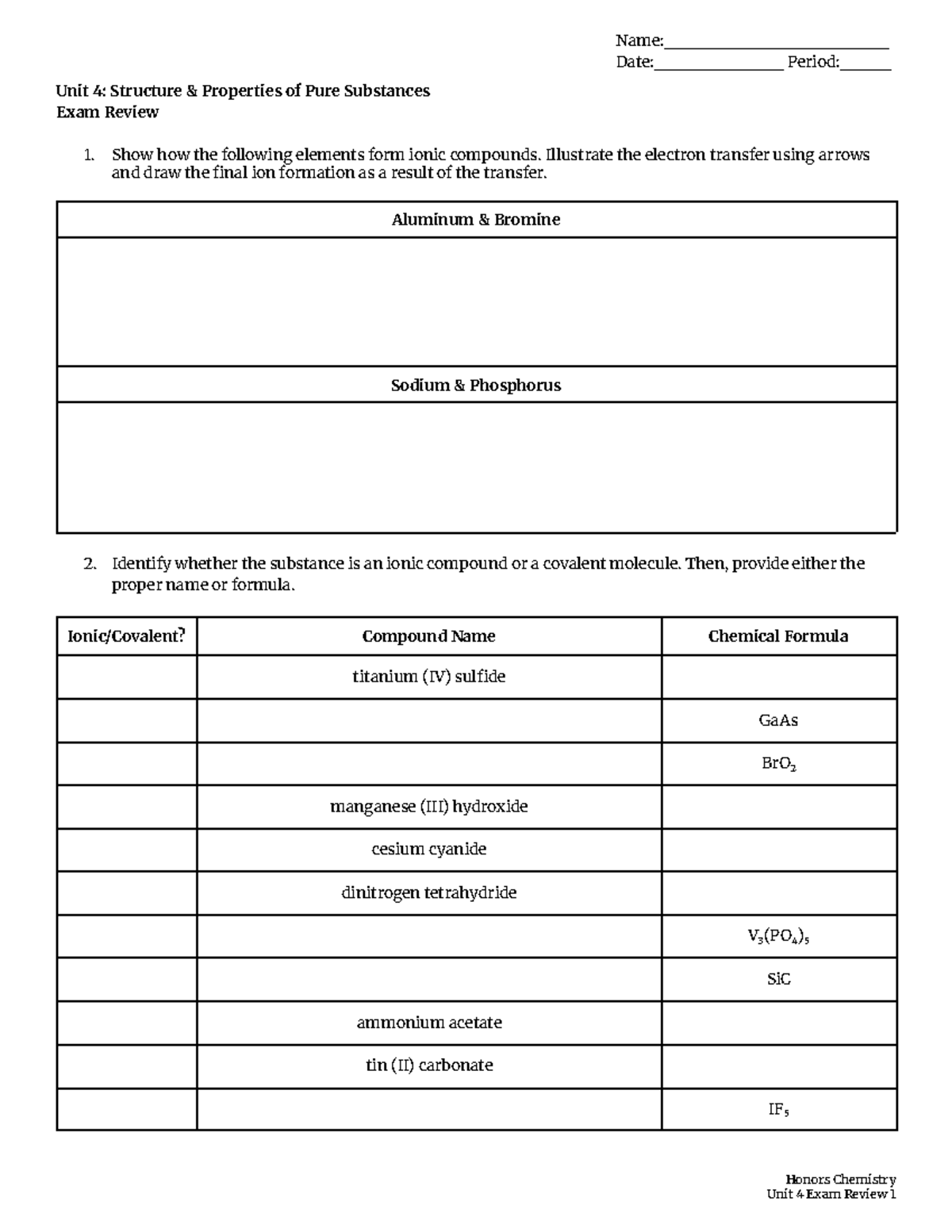 Honors Chemistry Unit 4 Exam Review: Ionic Compounds & Properties - Studocu