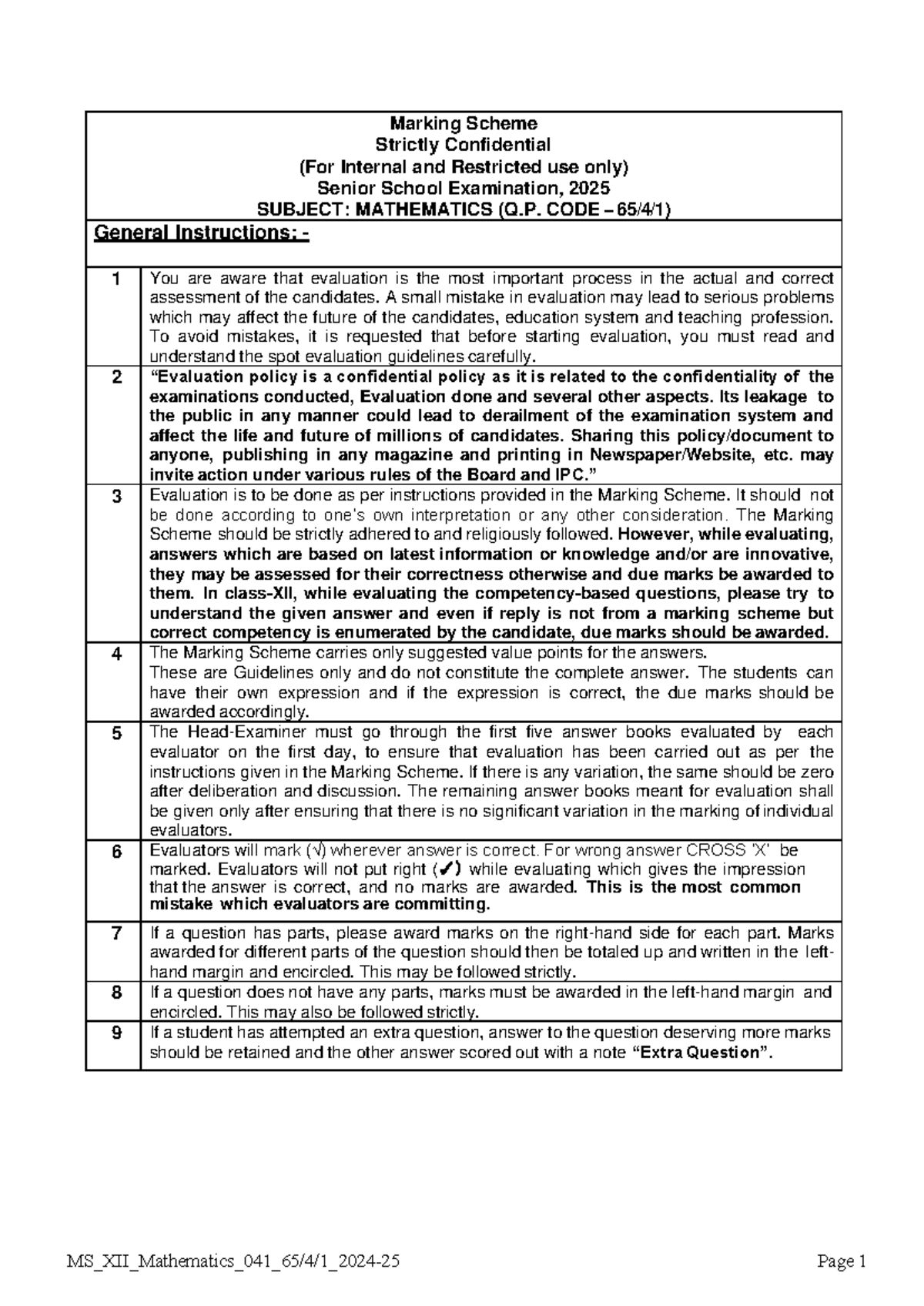 Marking Scheme for XII MS 041 Mathematics Exam 2025 - Studocu