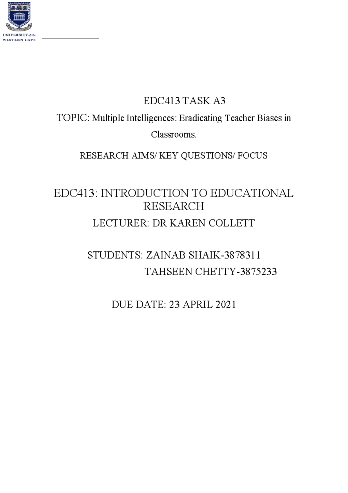 EDC413 TASK A3 - edc 413 task A3 compulsory assignment. - EDC413 TASK A TOPIC: Multiple - Studocu