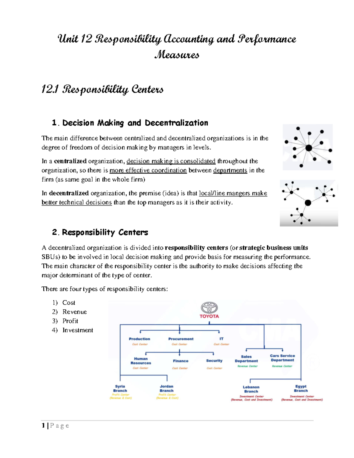 Unit 12: Responsibility Accounting & Performance Measures - Key ...