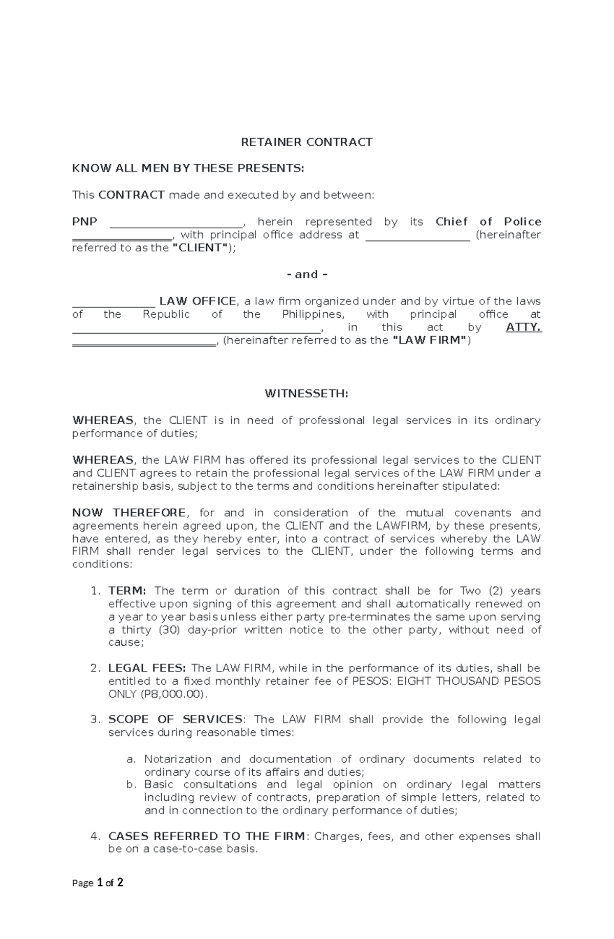 PNP - Retainer Contract - RETAINER CONTRACT KNOW ALL MEN BY THESE ...