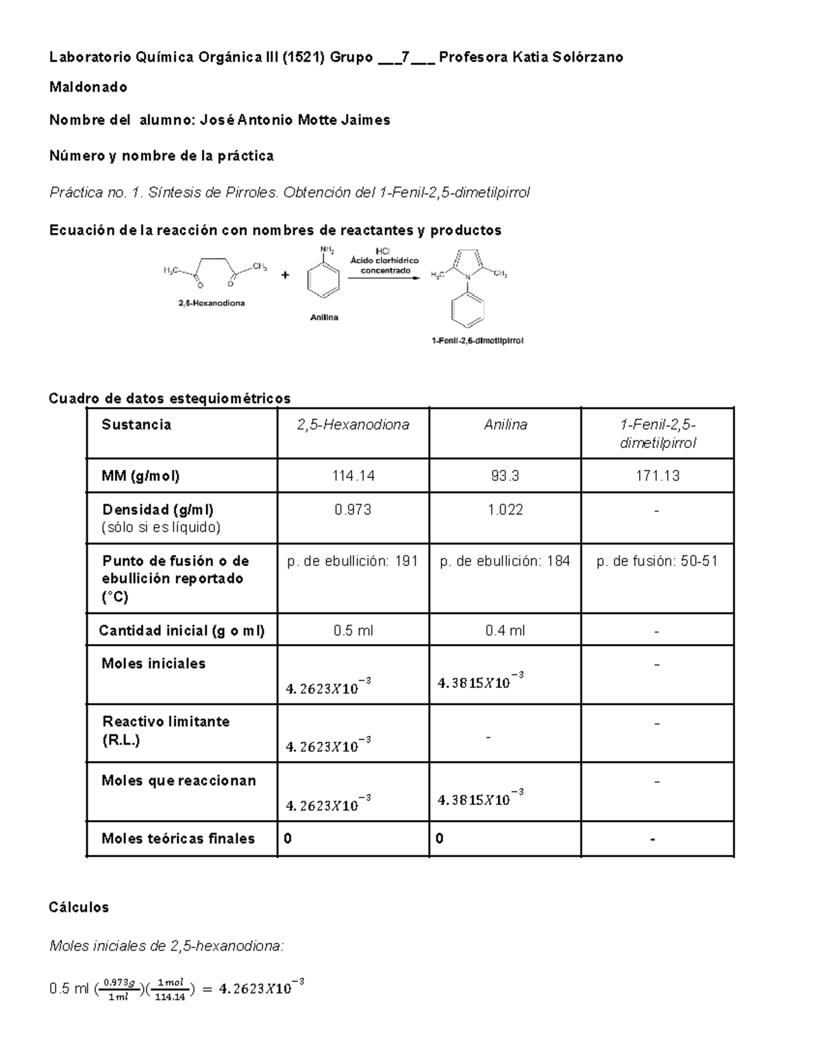 Síntesis del 1-Fenil-2,5-Dimetilpirrol en Química Orgánica III (1521 ...