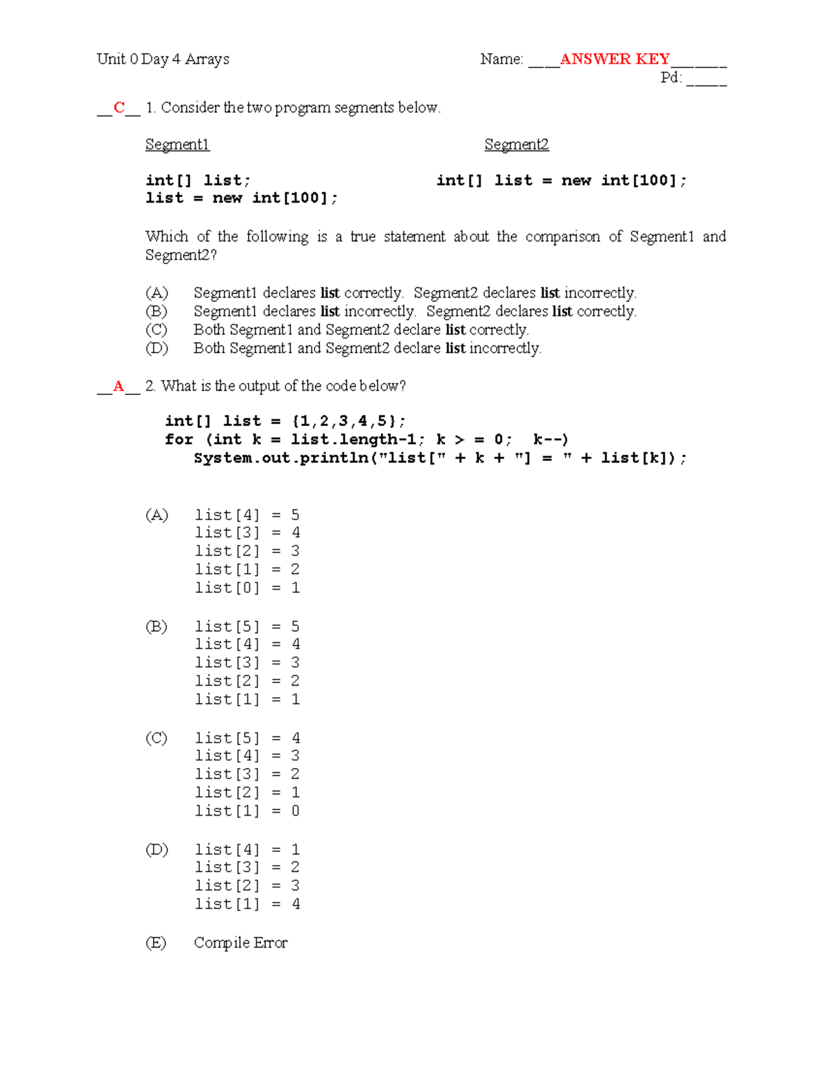 Arrays and Code Output: Quiz Questions and Answer Key (CS101) - Studocu