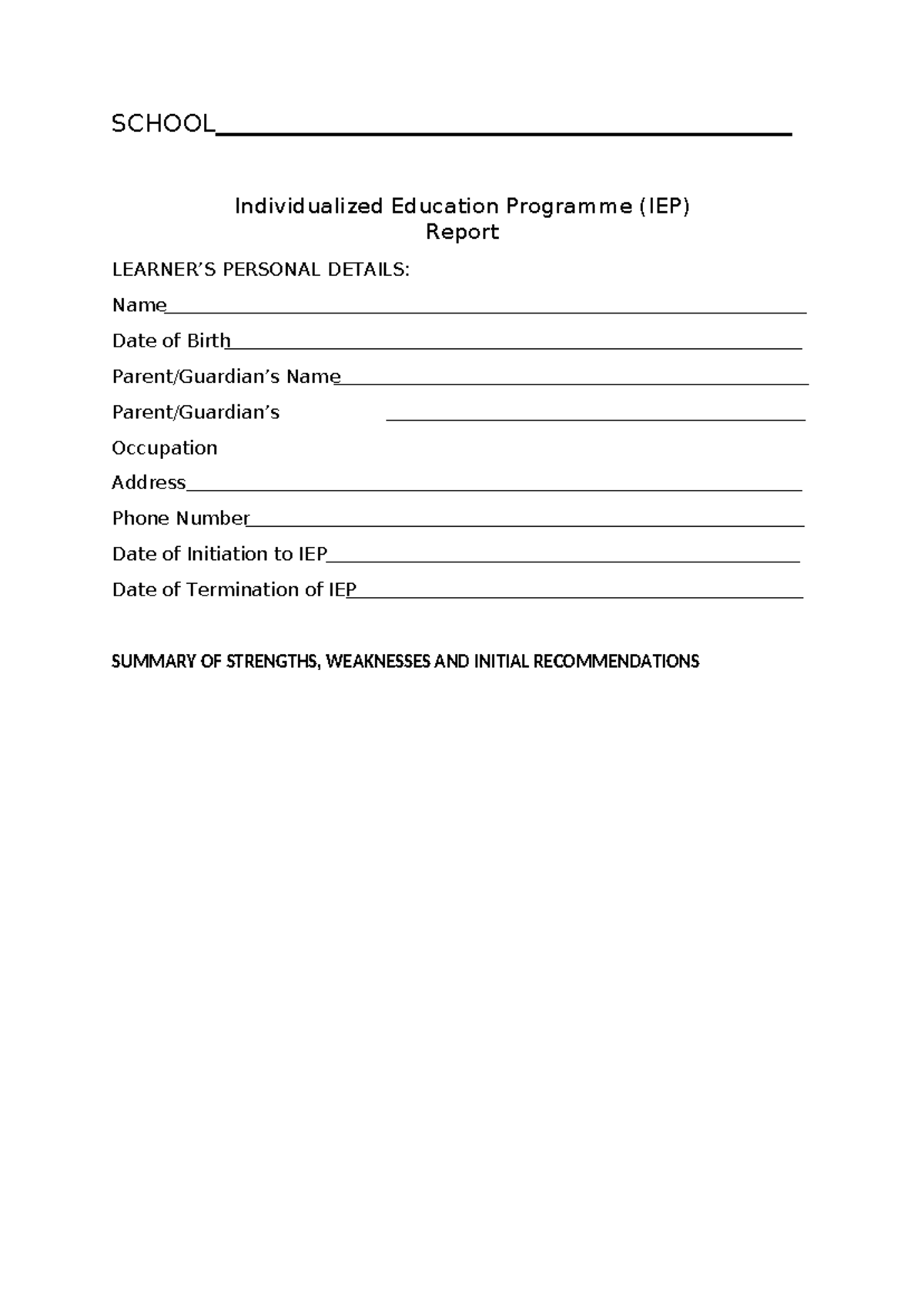 Individualized Education Programme Report - education - SCHOOL ...