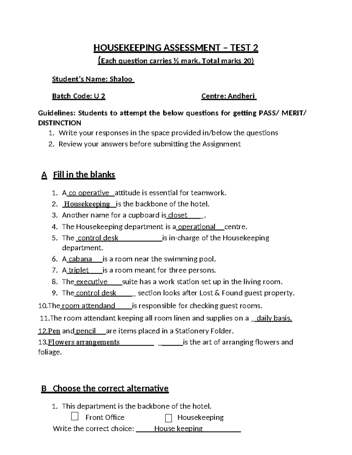 Housekeeping Assessment TEST - HOUSEKEEPING ASSESSMENT – TEST 2 (Each ...