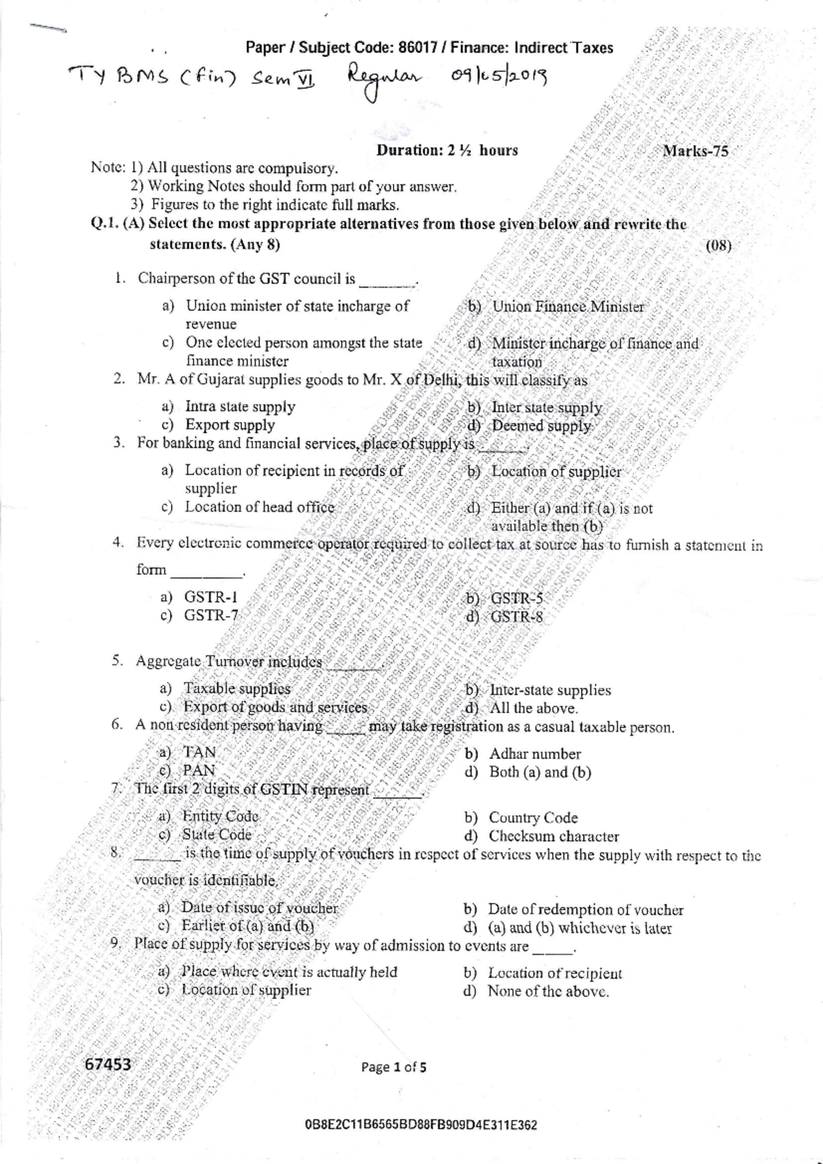 Tybms SEM - VI (86017) Finance: Indirect Taxes Question Paper (May 2019 ...