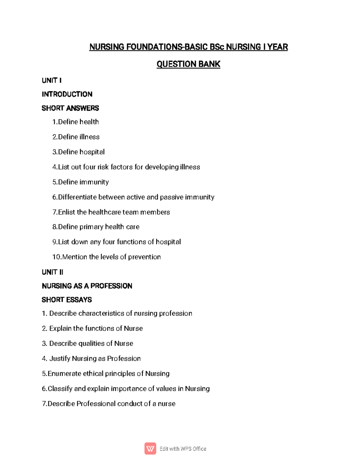 1757-Nursing Foundations Question Bank: Short Answers & Essays - Studocu