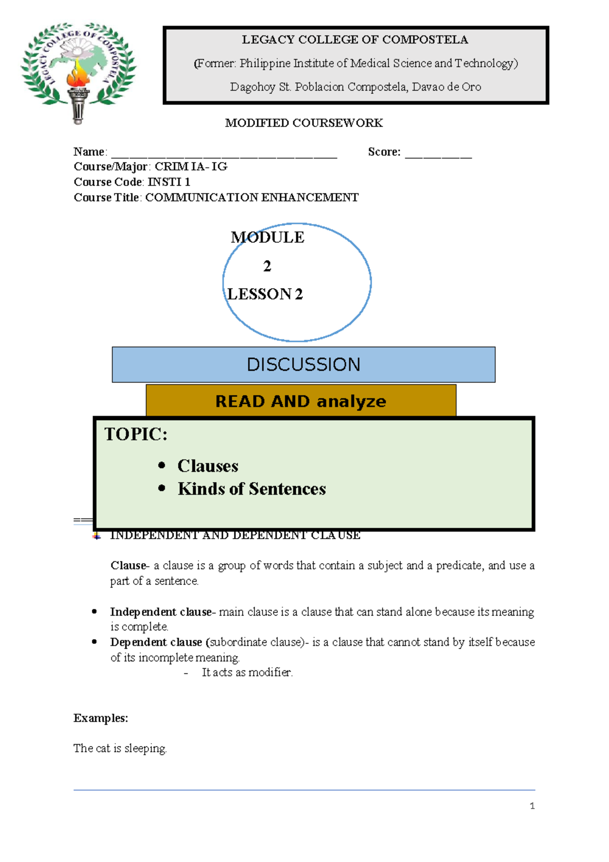 INSTI 1: Communication Enhancement Module 2 - Lesson 2 on Clauses - Studocu