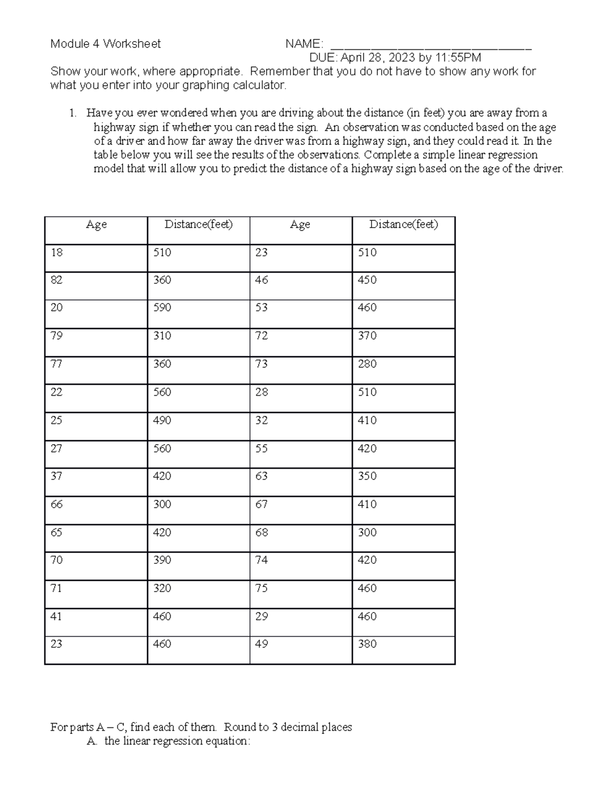 Module 4 Worksheet #1: Linear Regression Analysis Assignment - Studocu