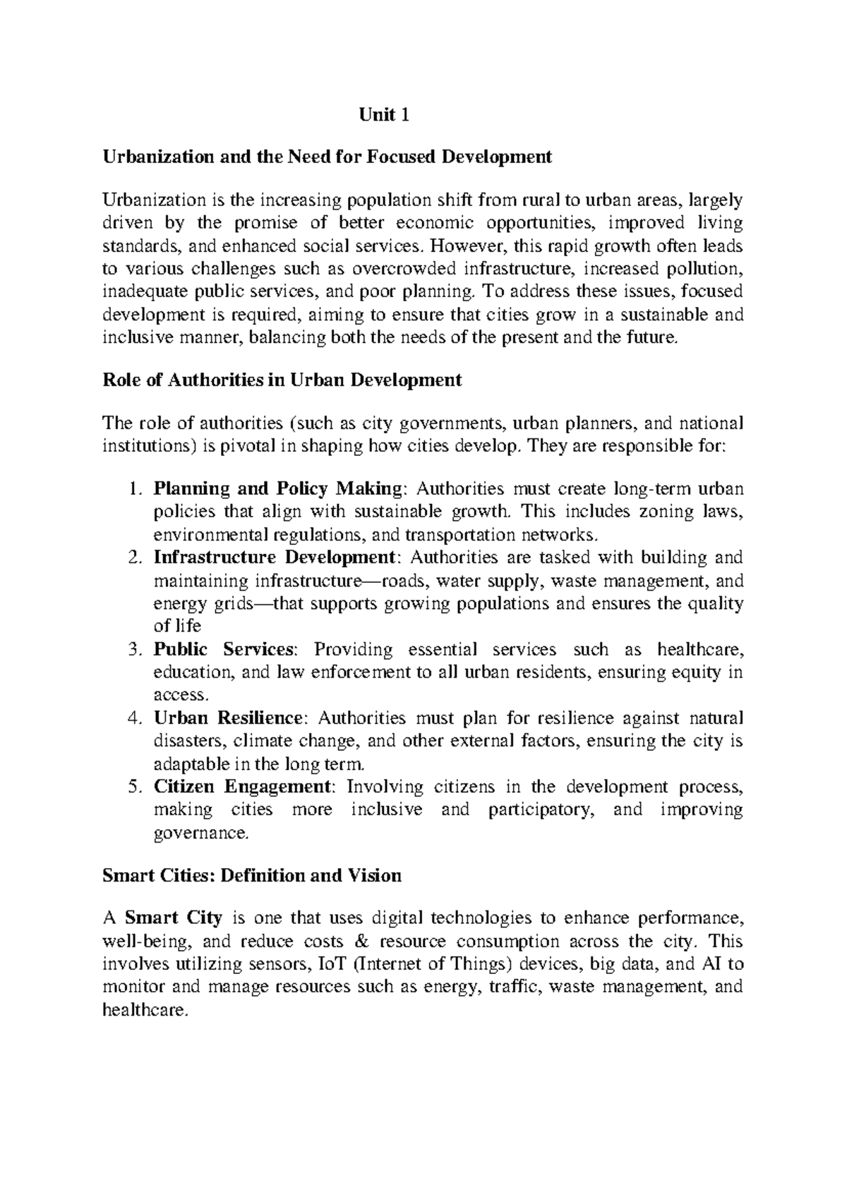Unit 1: Smart Cities - Elective Paper SEM 6 Overview - Studocu