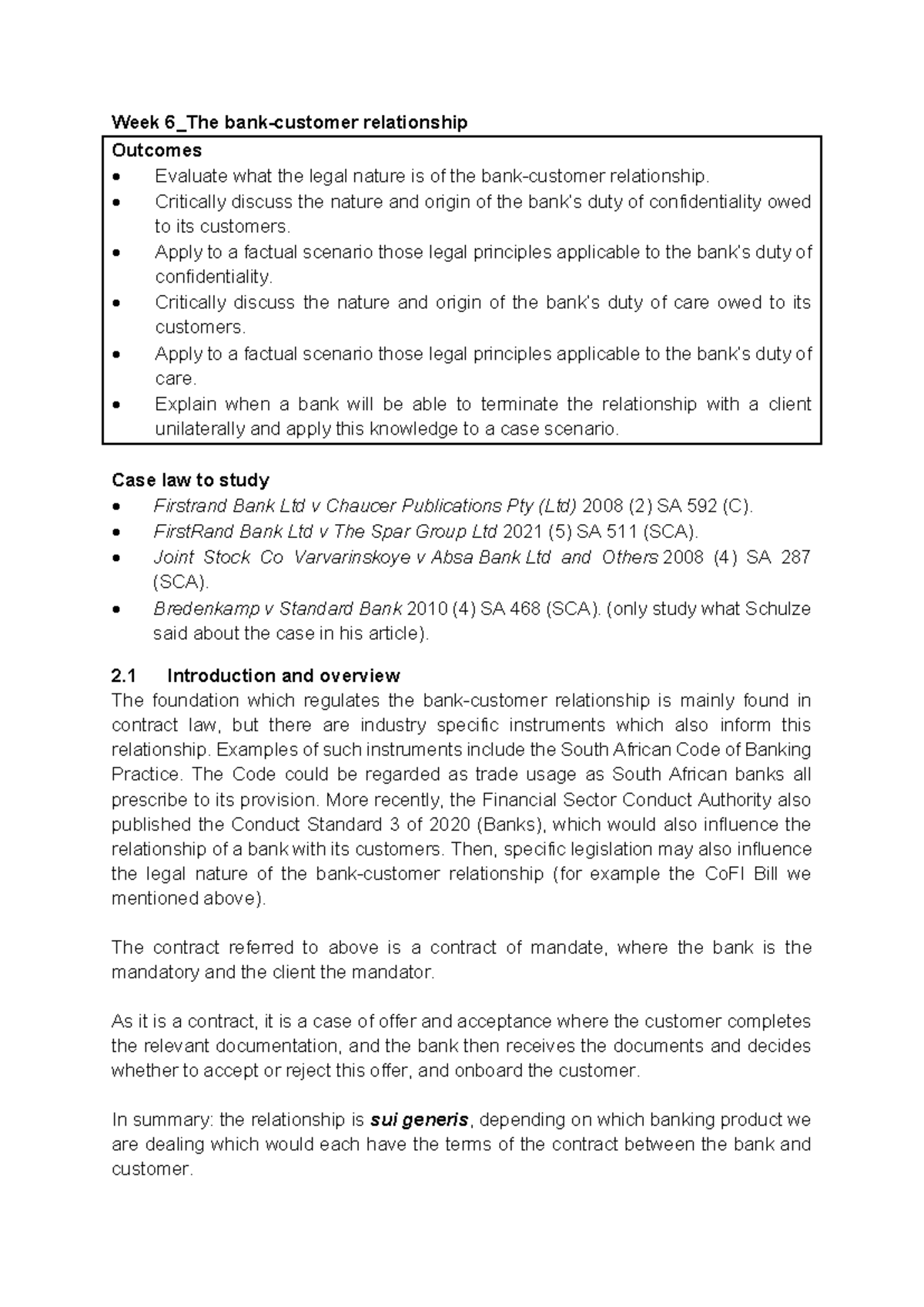 Week 6: Legal Nature of Bank-Client Relationships and Confidentiality ...