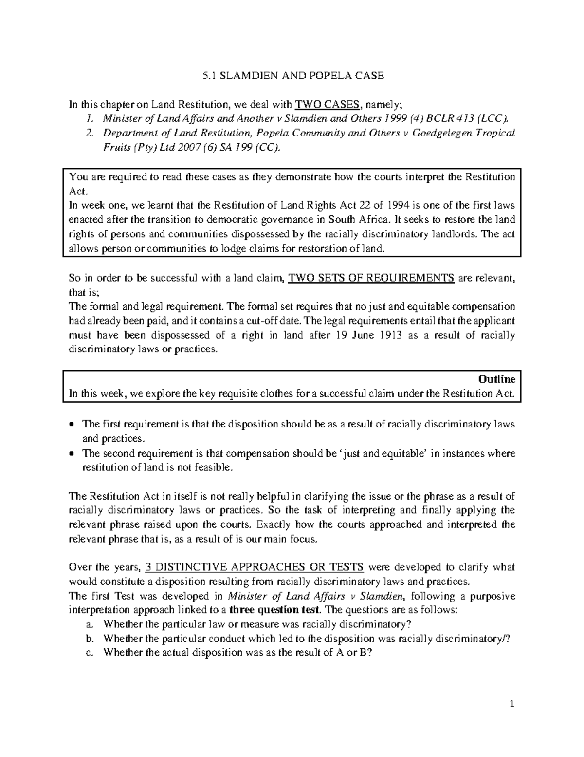 5. Land Restitution: Key Cases - Slamdien, Popela, and Florence - Studocu