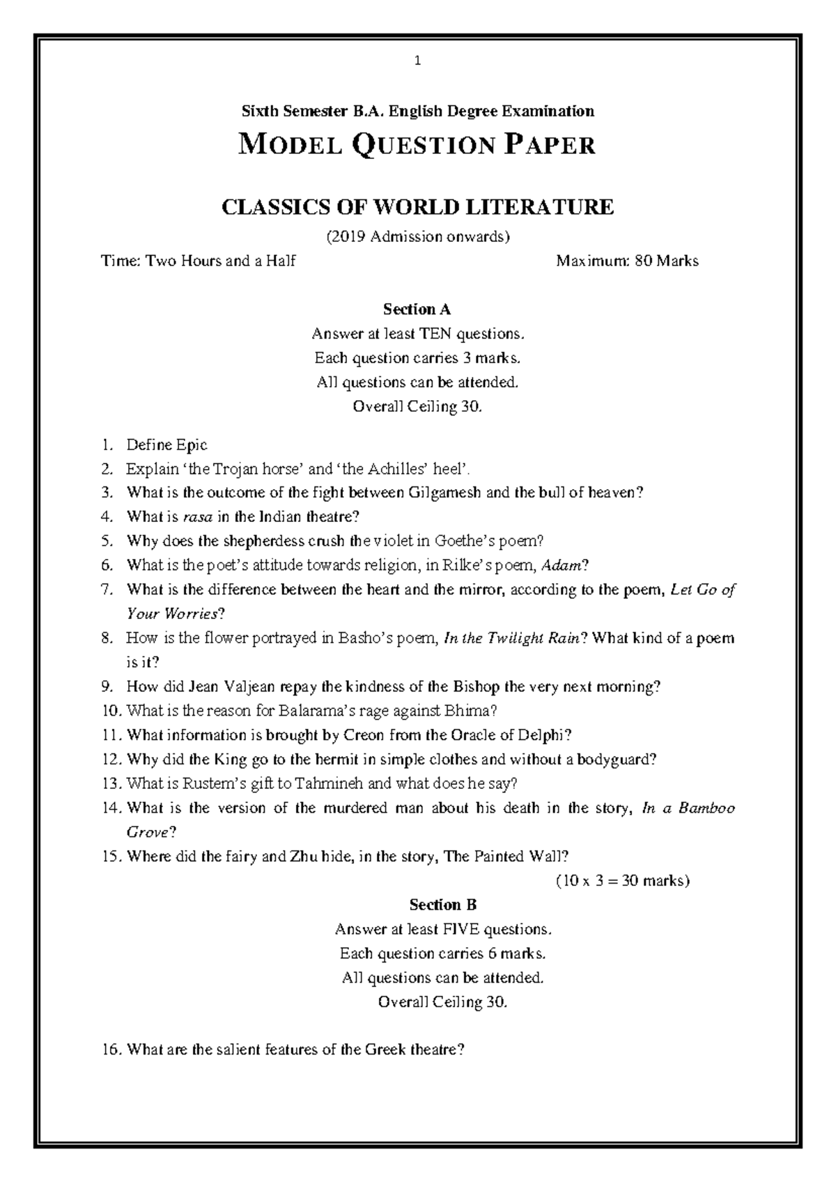 Classics of World Literature 9 17 Model Question Paper & Answers - Studocu
