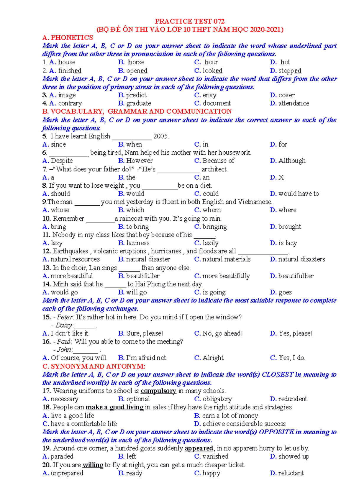 PRACTICE TEST 072 - Exam Preparation for Grade 10 Entry - Studocu